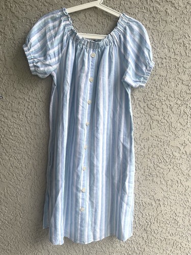 Saks Fifth Avenue Women’s Dress Linen White Blue Striped Pockets Button ...