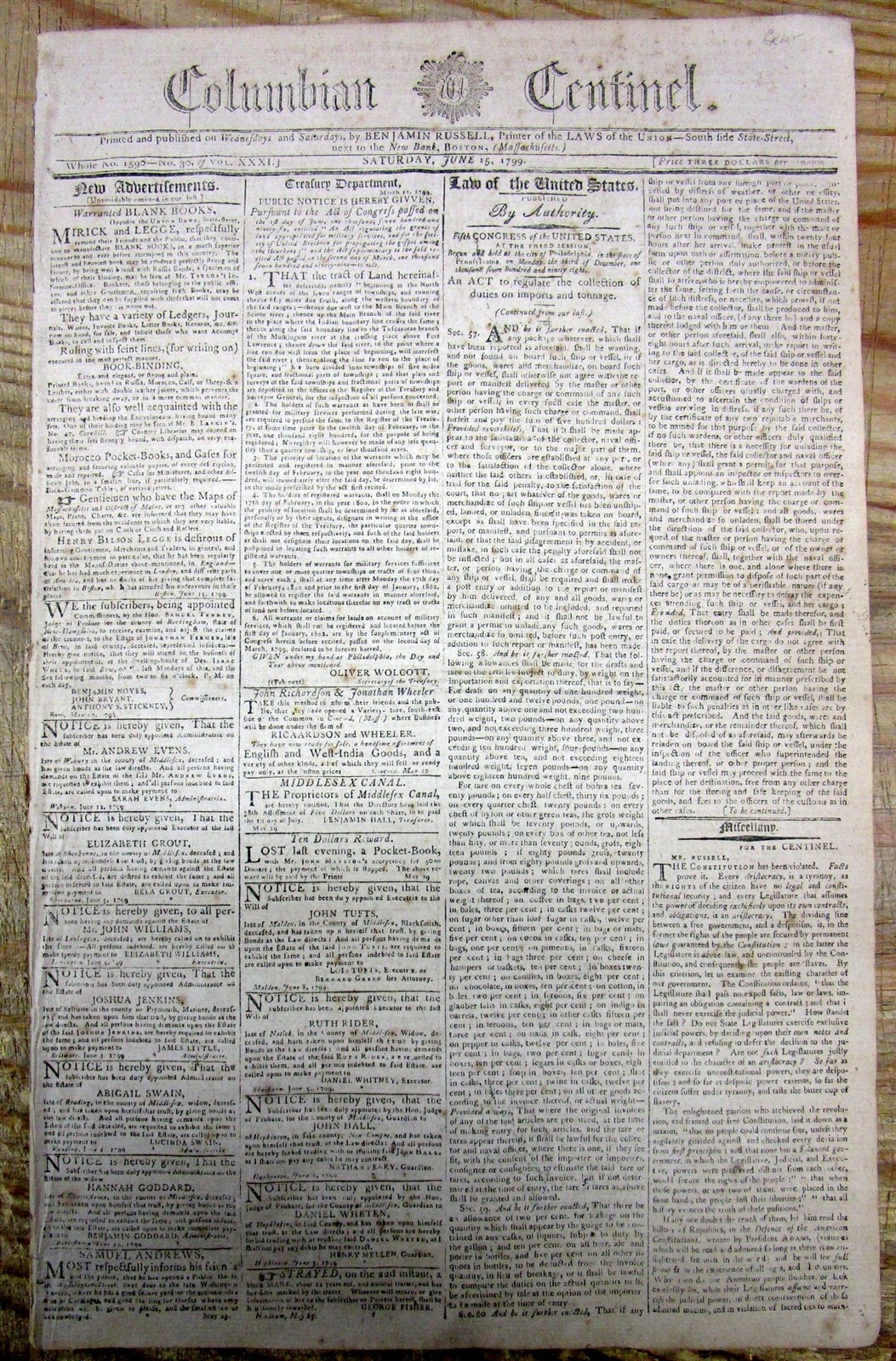 Original 1799 Boston MA newspaper printed while GEORGE WASHINGTON ...