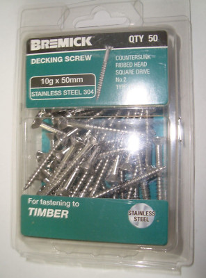 Decking Timber Screws 10g x 50mm no2 SQ Dr, 304SS, pack of 50 Bremick ...