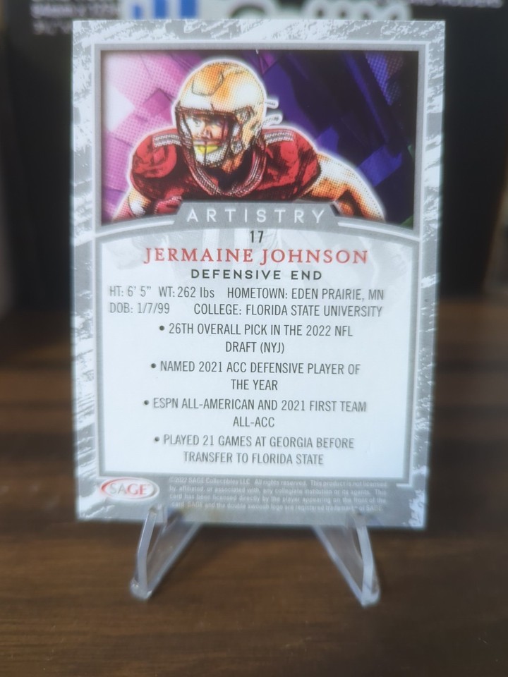 🔥2022 Sage Artistry Black Jermaine Johnson #17 New York Jets Florida ...