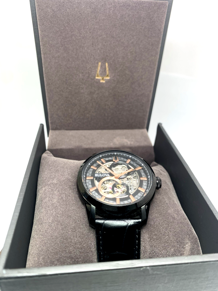 Bulova Men's Watch 98A283 Sutton Automatic Black Dial Leather Strap ...