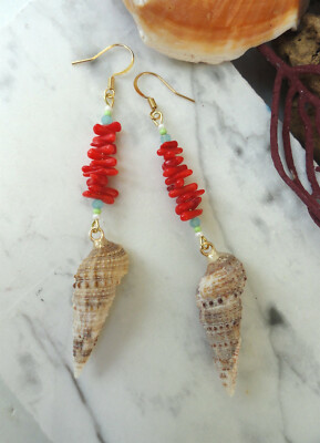 Shell Earrings, Real Auger Shells & Coral Dangle Earrings, Handmade ...