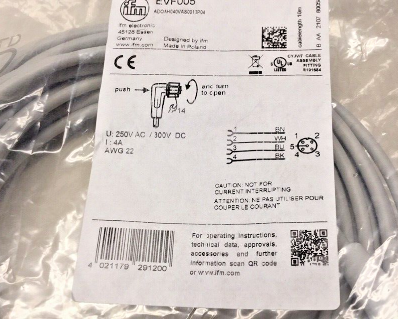 IFM Efector EVF005 Cable Female Cordset 4-wire M12 Right Angle ...