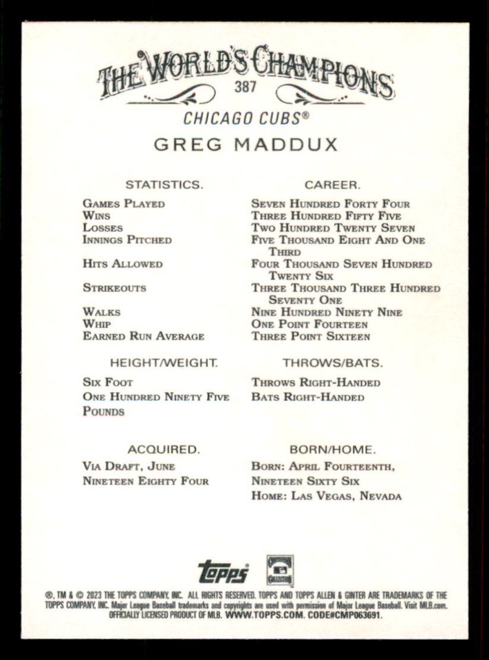 2023 Topps Allen and Ginter SP #387 Greg Maddux Chicago Cubs | eBay