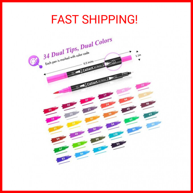 Caliart 34 Double Tip Brush Pens Art Markers, Artist Fine & Brush Pen ...