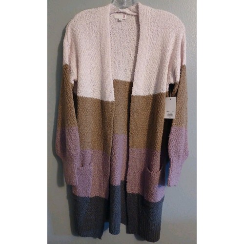 SO Womens Size Small Long Colorblock Cardigan Pink Gray Stripe Pockets ...