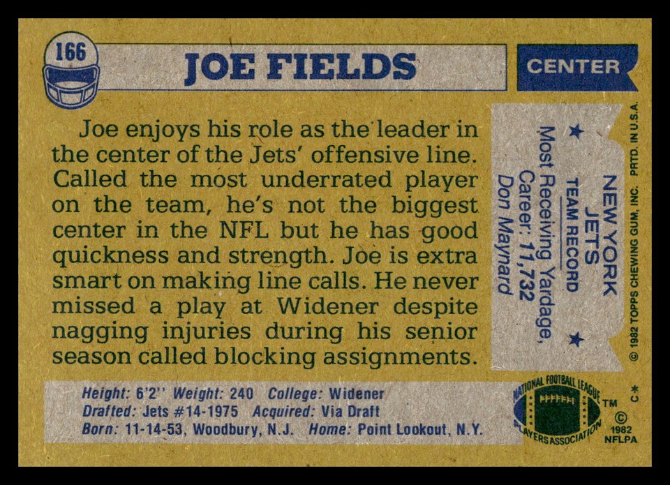 1982 Topps #166 Joe Fields New York Jets Football Card EX/NM | eBay