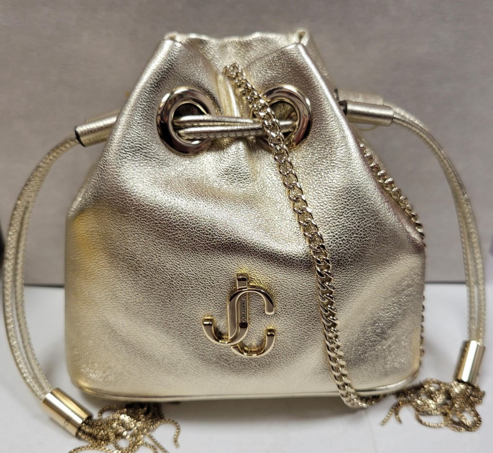NWT NEW Jimmy Choo Marcheline Gold Mini drawstring bucket evening bag ...
