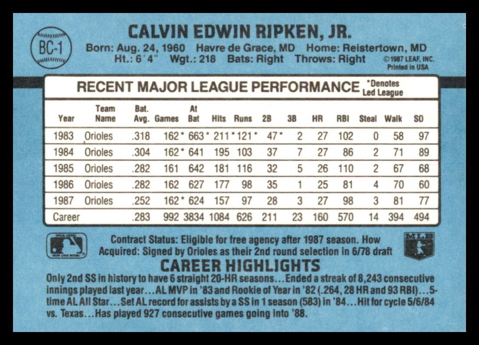 1988 Donruss #BC-1a Cal Ripken Bonus MVP's | eBay