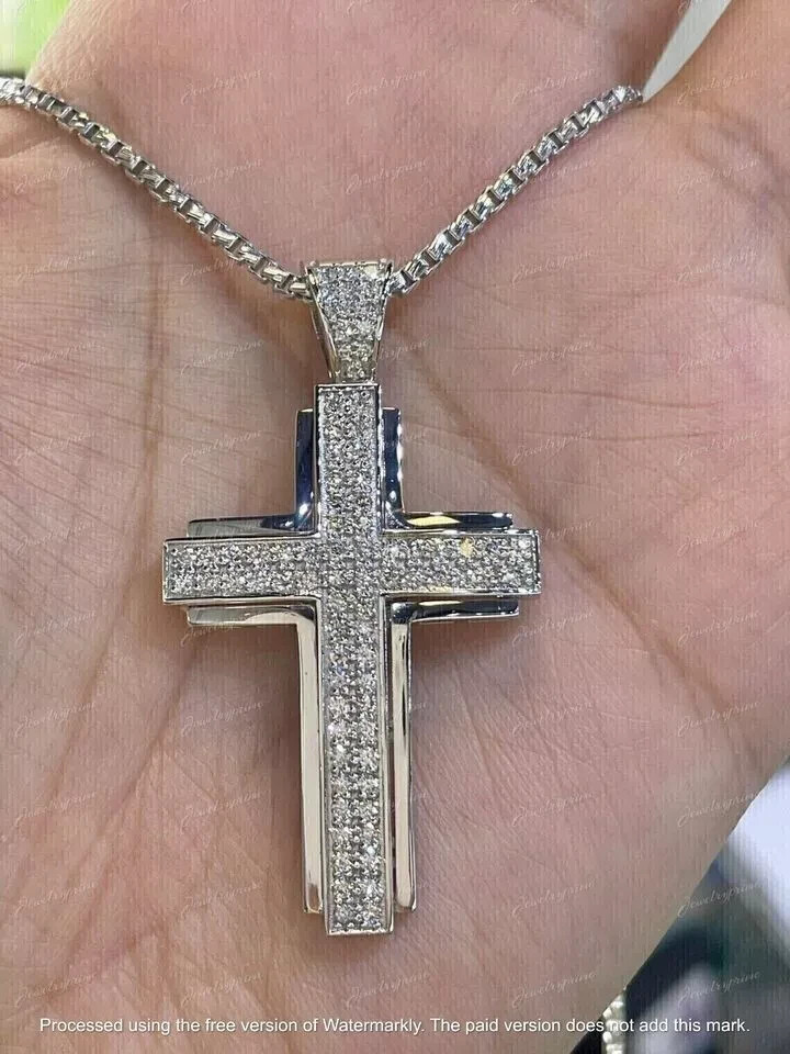 2.20Ct Round Cut Lab Created Diamond Men's Cross Pendant 14K White Gold ...