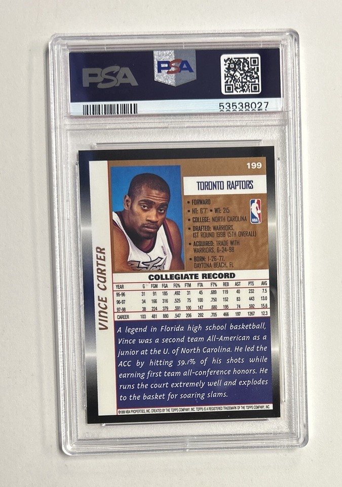 1998 Topps Vince Carter Toronto Raptors Rookie Card #199 PSA 9 | eBay
