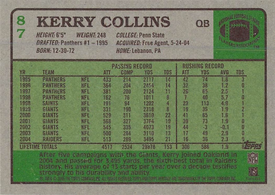 KERRY COLLINS 2005 TOPPS HERITAGE FOOTBALL #87 | eBay UK