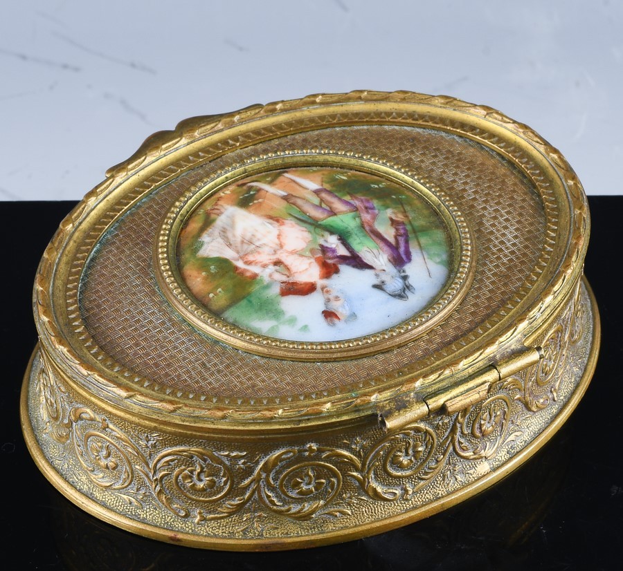 LOVELY ANTIQUE GOLD GILT BRONZE HAND PAINTED PORCELAIN VELVET LINED ...