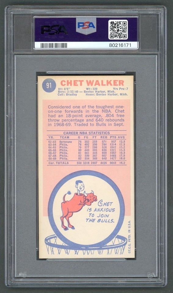 1969-70 Topps Basketball #91 Chet Walker PSA 8 Chicago Bulls Rookie RC ...