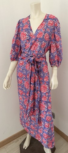 Cassandra Harper Wrap Dress Block Print Pink Roses Cotton Boho Women’s ...