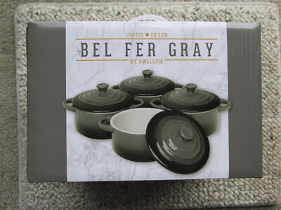 New Bel Fer Gray 4 Mini Ceramic Cast Iron Cocottes Bakeware Kitchen Bar ...