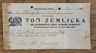 1912 Billhead Texas Tom Zemlicka Blacksmith Wheelwright Schulenberg ...