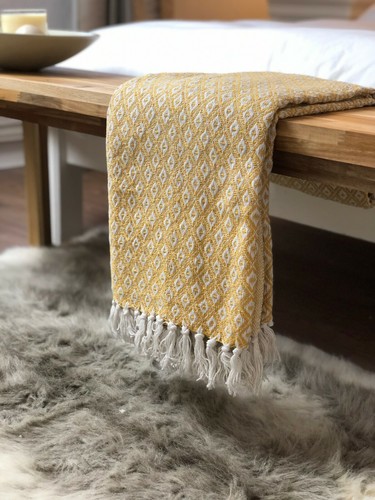 Luxury 100% Cotton Ochre Mustard Yellow Abstract Check Bed Sofa Blanket ...