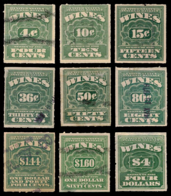 SALE! 9 U.S. Revenue Wine Stamps ~ RE34-RE53 ~ Series of 1916 ~ Nice ...