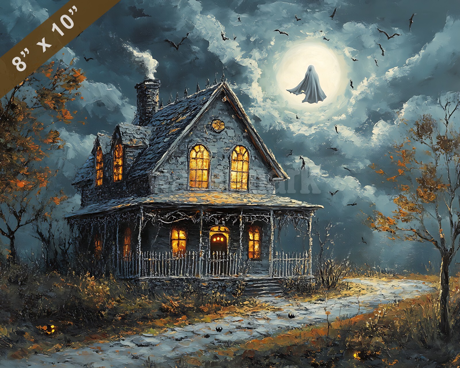 Halloween ghost floating over a haunted house oil painting 8x10 Print ...