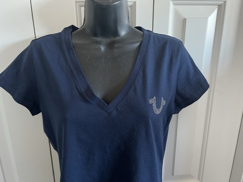 True Religion Slim V-Neck Tee Navy Blue M Crystal Logo Short Sleeve 100 ...