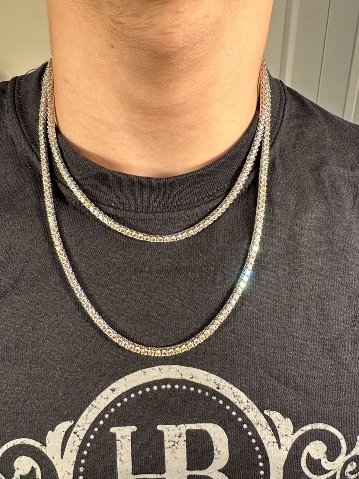 Real Opal Rainbow MOISSANITE 3mm Tennis Chain 925 Silver Iced Necklace ...