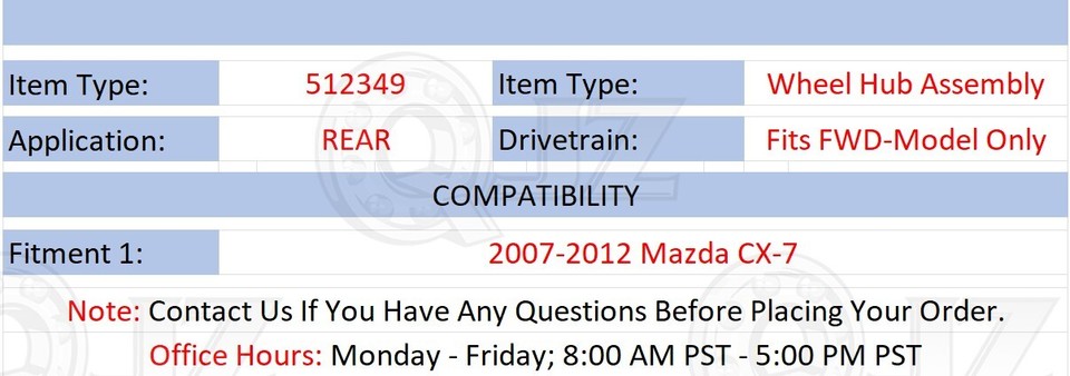 [REAR(Qty.2)] New 512349 Wheel Hub Assembly For 2007-2012 Mazda CX-7 ...