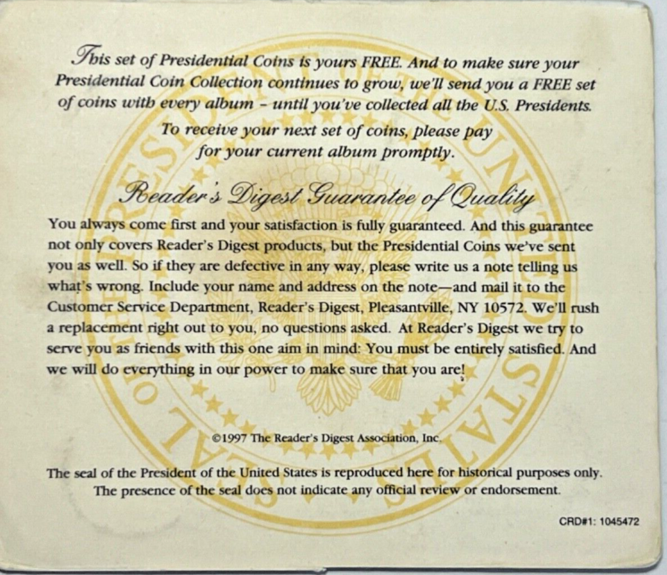 1997 Readers Digest Brass Presidential Coins: A Coin History of 7 US ...