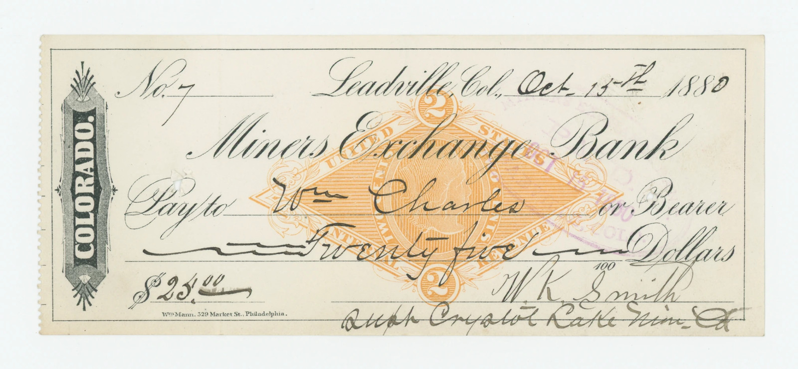 RN-G1 Miners Exchange Bank check, Crystal Lake Mine Co. Leadville, CO ...