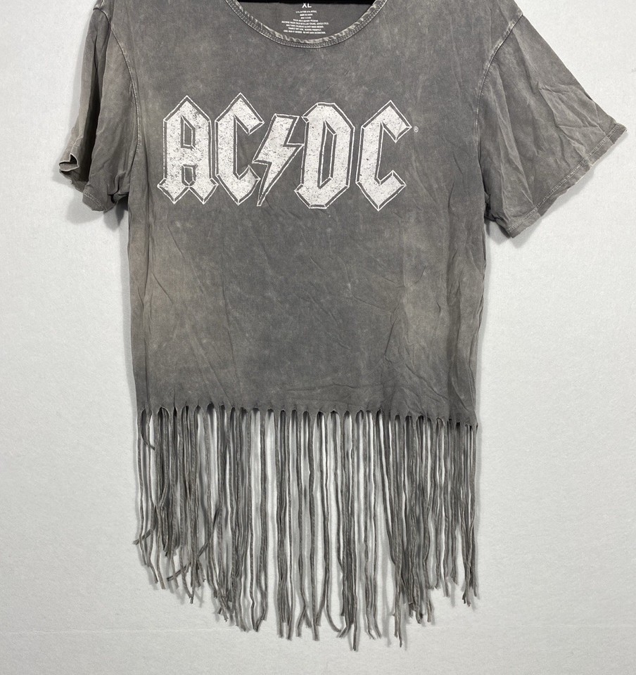 AC/DC Gray Stone Wash Long Fringe Band Rocker Top Size XL Boho Festival ...