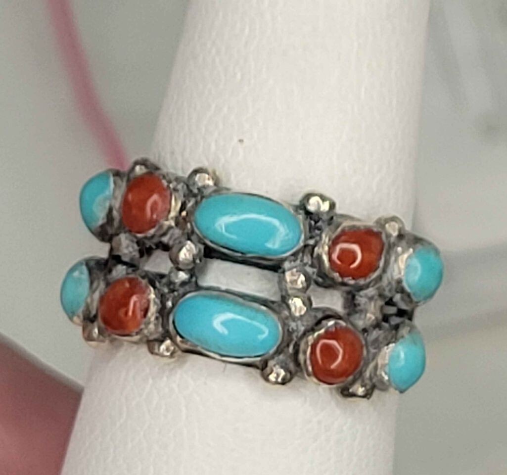 Vintage Sterling silver Zuni Snake Eye Turquoise Cora… - Gem