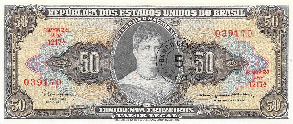 Brazil 5 Cent. / 50 Cruzeiros ND. 1966 Series 1217.A Circulated ...