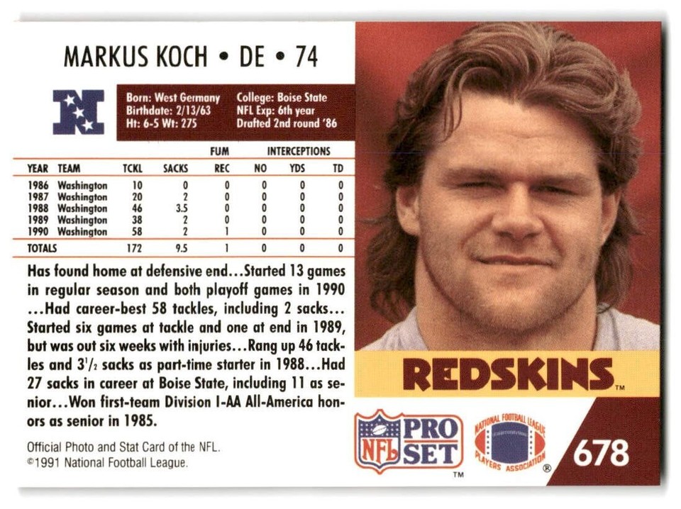 MARKUS KOCH 1991 Pro Set #678 Washington Redskins FOOTBALL | eBay