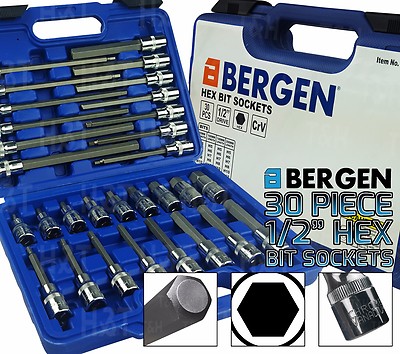 BERGEN Extra Long 30pc HEX BIT Socket Set 1/2" Dr HEX Allen Keys ...