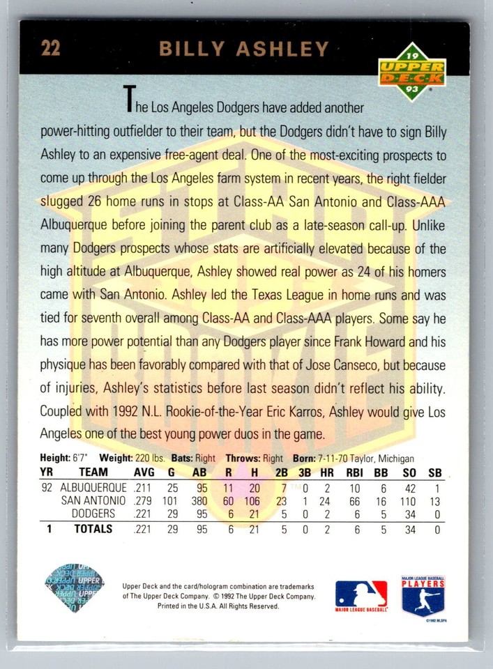 1993 Upper Deck Star Rookie Baseball #22 Billy Ashley Los Angeles ...