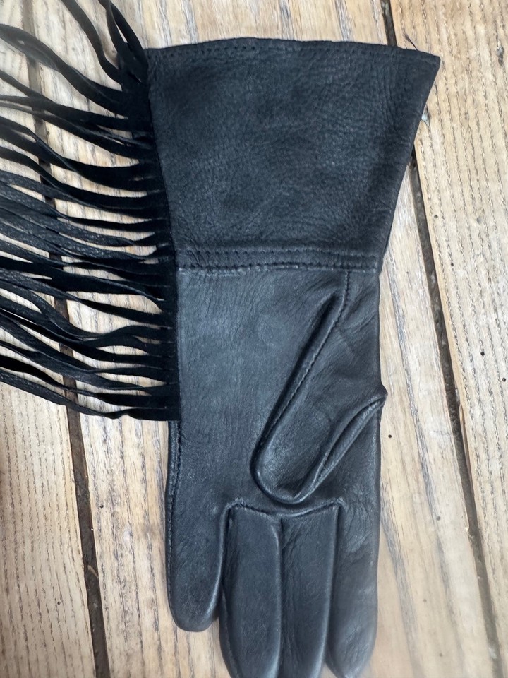 Stunning GEIER GLOVE CO. Black Leather Gauntlet Western Fringed GLOVES ...