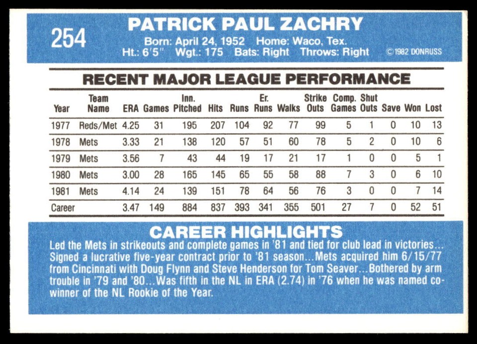 1982 Donruss 254 Pat Zachry New York Mets Baseball Card | eBay