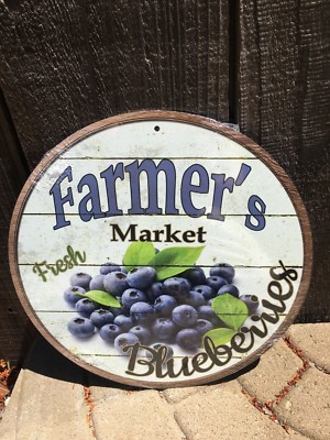 Farmers Market Fresh Blueberries Round Sign Tin Vintage Garage Bar ...