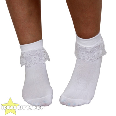 WOMENS WHITE 50'S FRILL SOCKS 1950'S BOBBY SOCKS ADULTS FANCY DRESS ...
