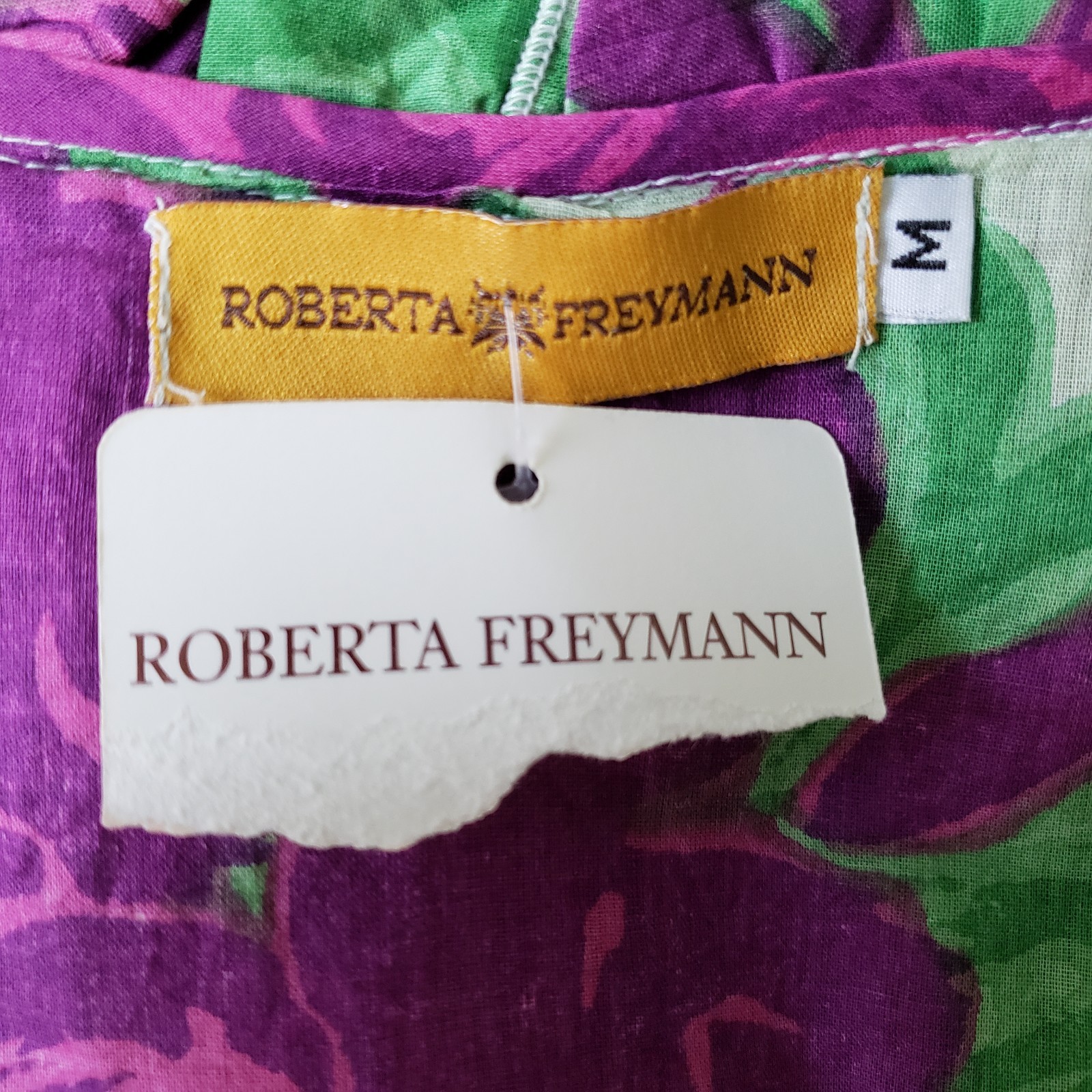 ROBERTA FREYMANN Dress Medium Womens Green Purple Roses 100% Cotton New ...
