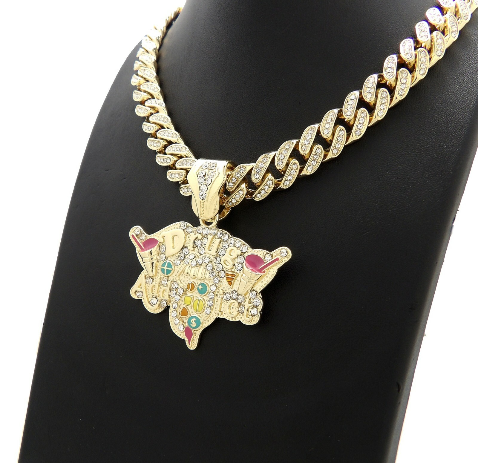Hip Hop Lil Pump DRUG ADDICT pendant & Iced Box Lock Cuban Choker Chain ...