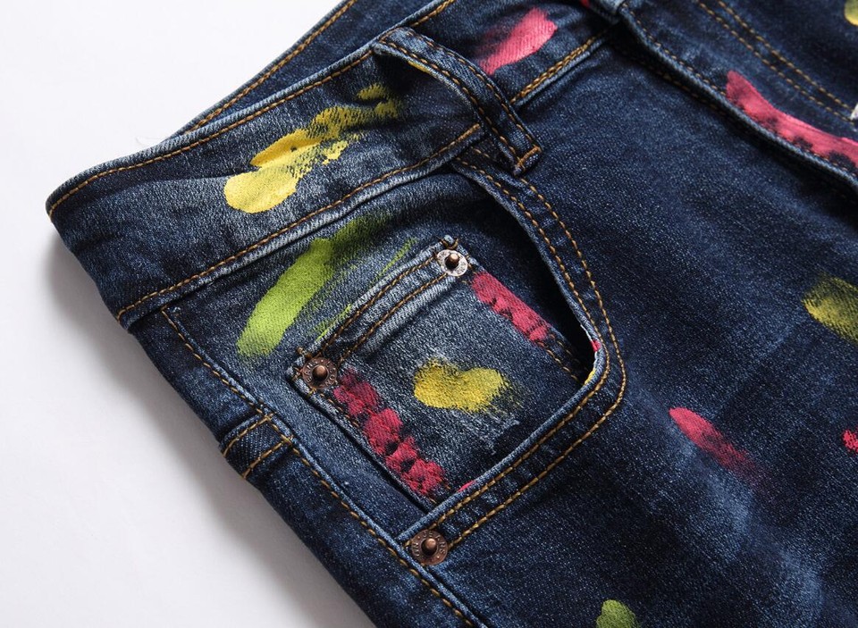 Men's Blue Color Printed Straight Leg Denim Jeans Trousers Pants Punk ...