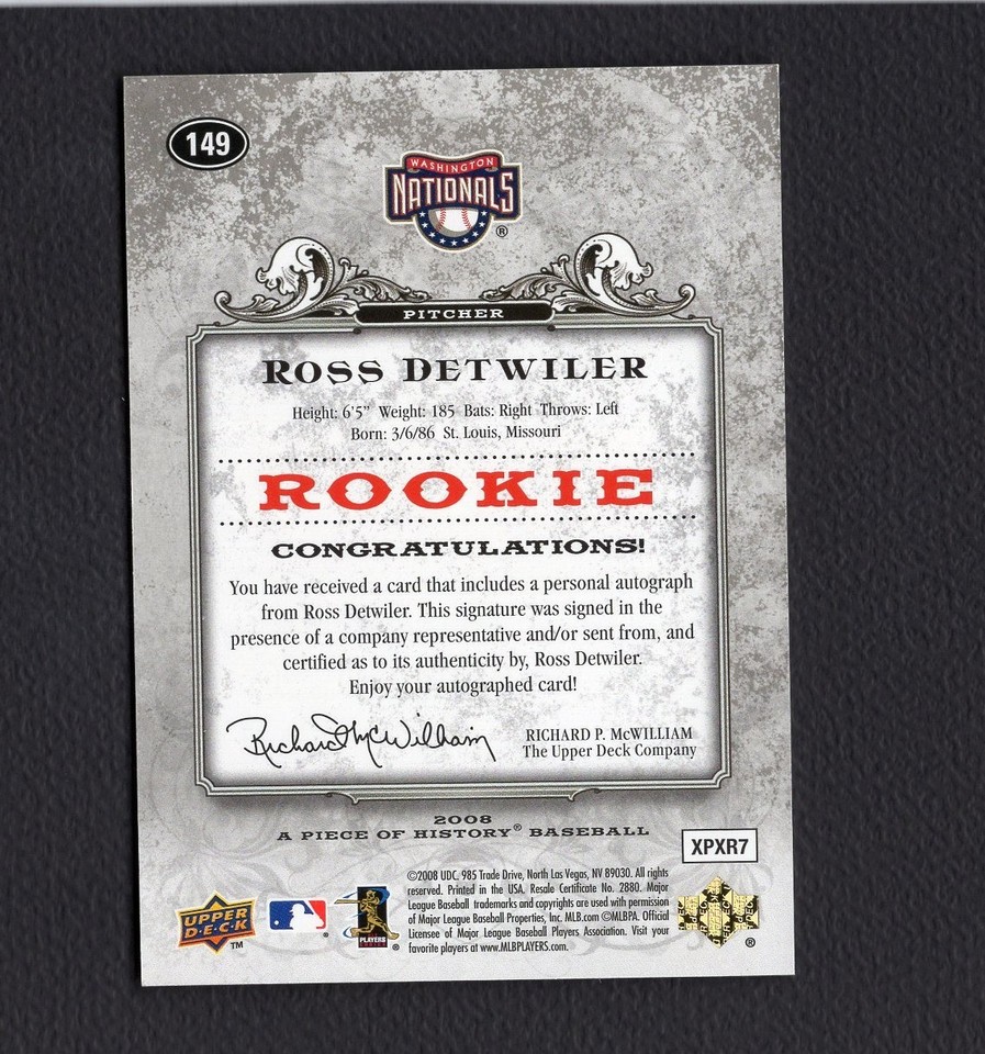 2008 UD A Piece of History Rookie Autographs #149 Ross Detwiler/499 | eBay