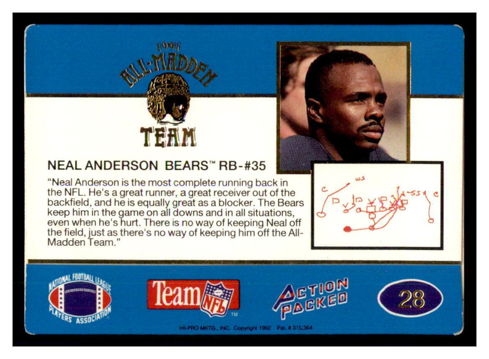 Neal Anderson The All Madden Team 1992 #28 Chicago Bears | eBay