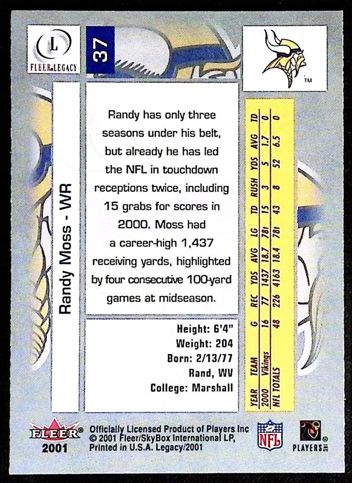 Randy Moss - 2001 Fleer Legacy #37 - Vikings | eBay