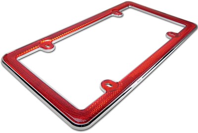 Chrome Metal License Plate Frame Red Plastic reflective Car RV Boat Tow ...