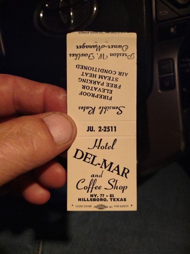Vintage Hotel Del-Mar and Coffee Shop Hillsboro, Texas Matchbook Cover ...