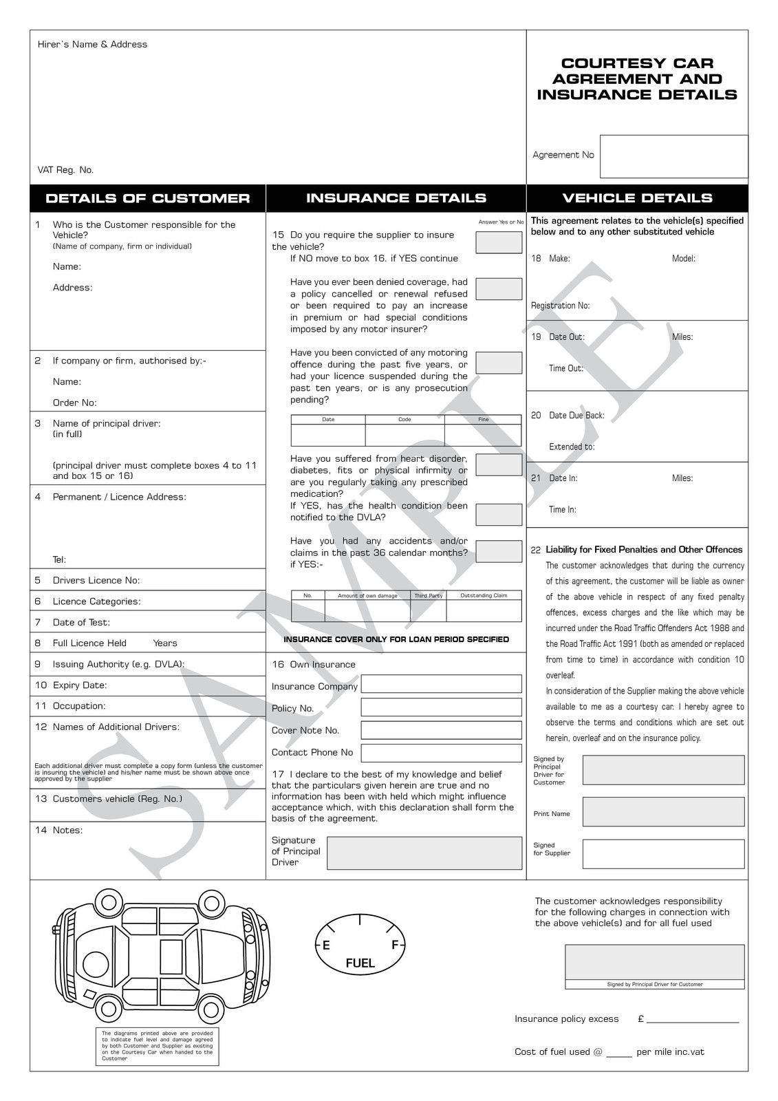 Courtesy Car Loan Vehicle Agreement A4 2 part Carbonless Pads 50 sets ...