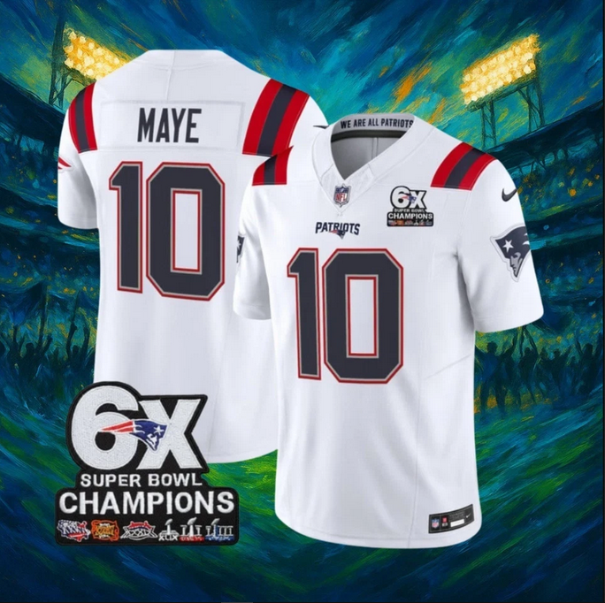 Drake Maye #10 Patriots " X6 Super Bowl Champions " White Jersey "All ...