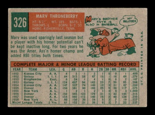 1959 Topps #326 Marv Throneberry VGEX X3118098 | eBay